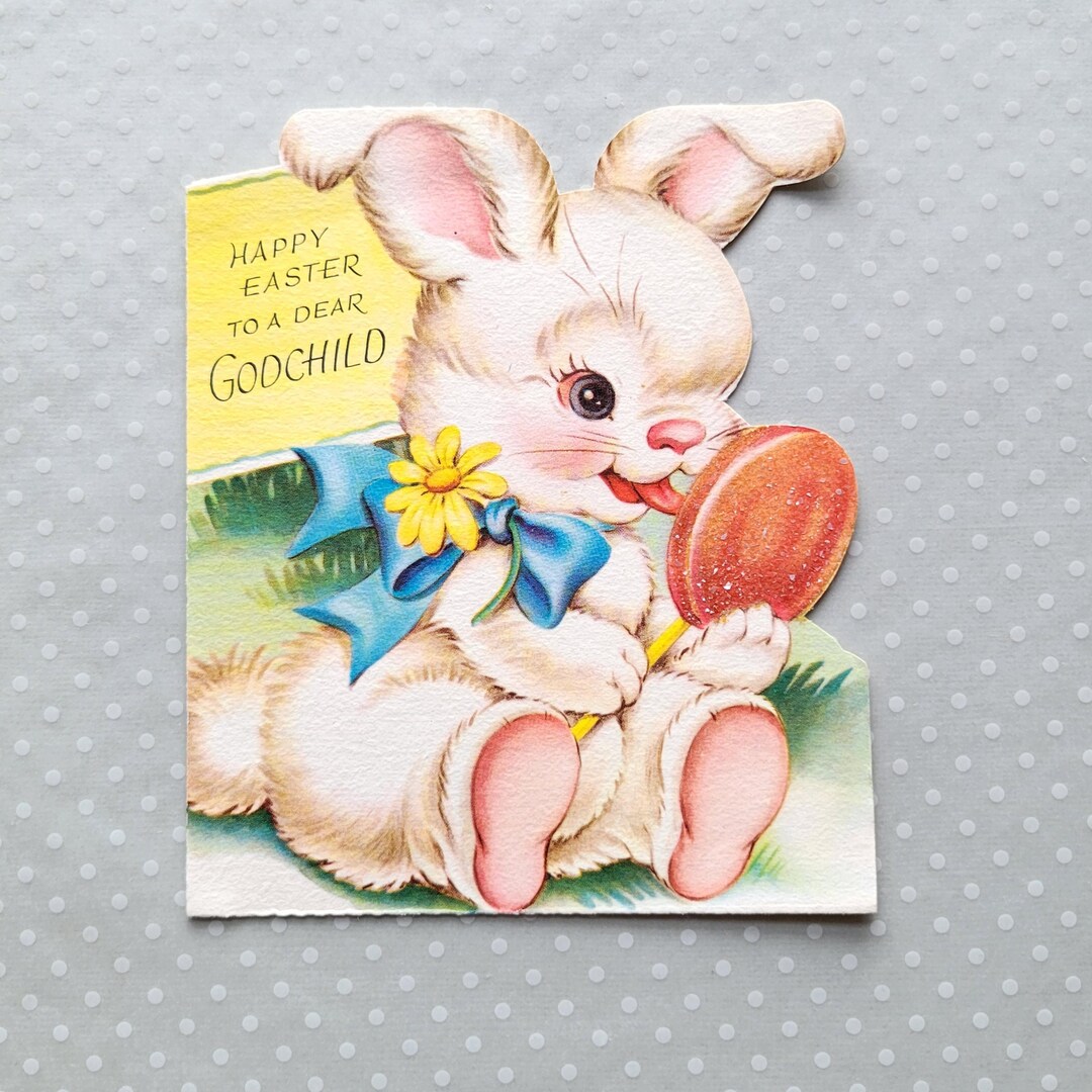 Vintage 1958 Bunny Licking Lollipop Glitter Easter Greeting Card Gatto ...