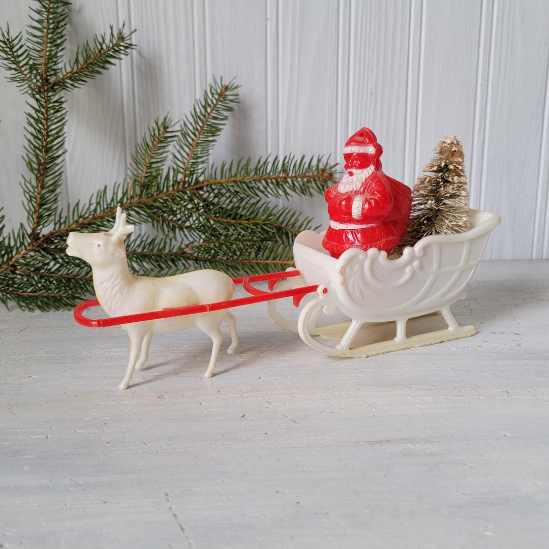 Vintage Hard Plastic Santa in Sleigh W/ Reindeer Candy Container ...