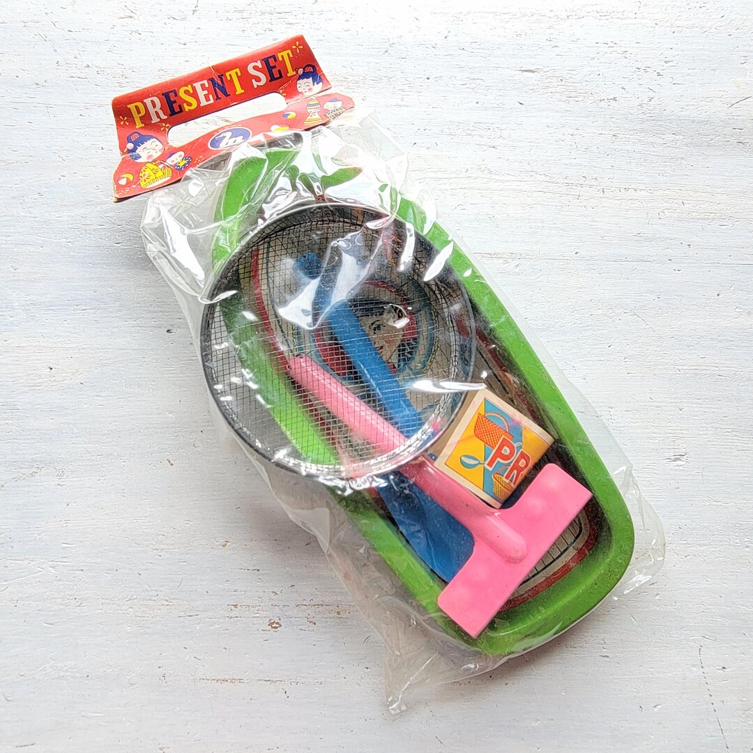 Vintage Metal Tin Children's Sand Toys Original Package Boat Rake ...