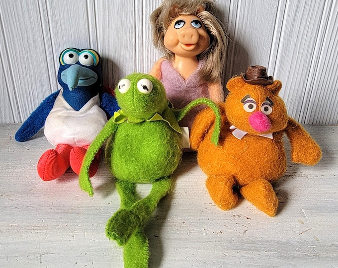 4 Vintage Muppets Plush Bean Bags Sad Kermit the Frog Miss Piggy Fozzie ...