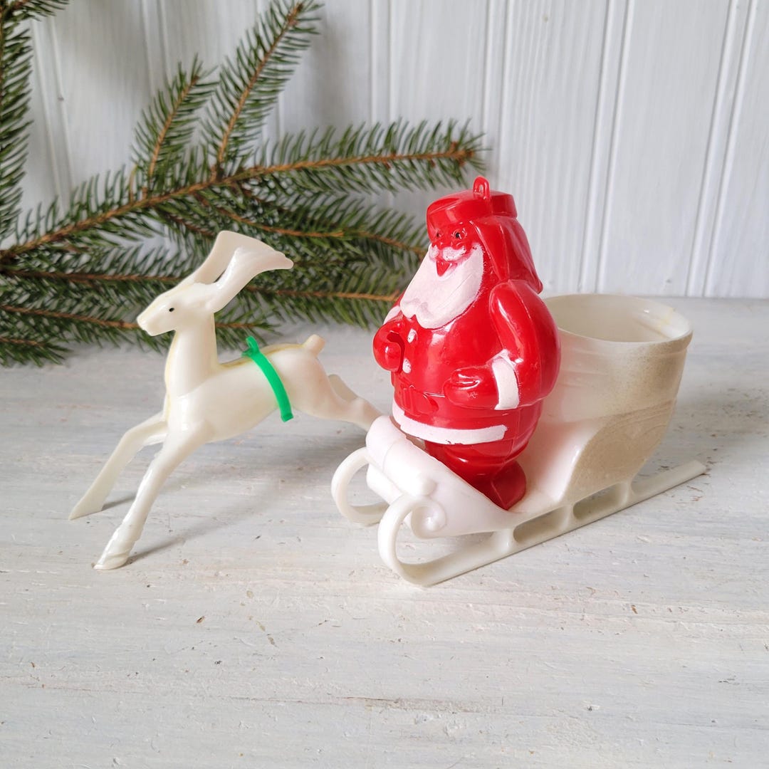 Vintage Hard Plastic Santa in Sleigh W/ Reindeer Candy Container ...