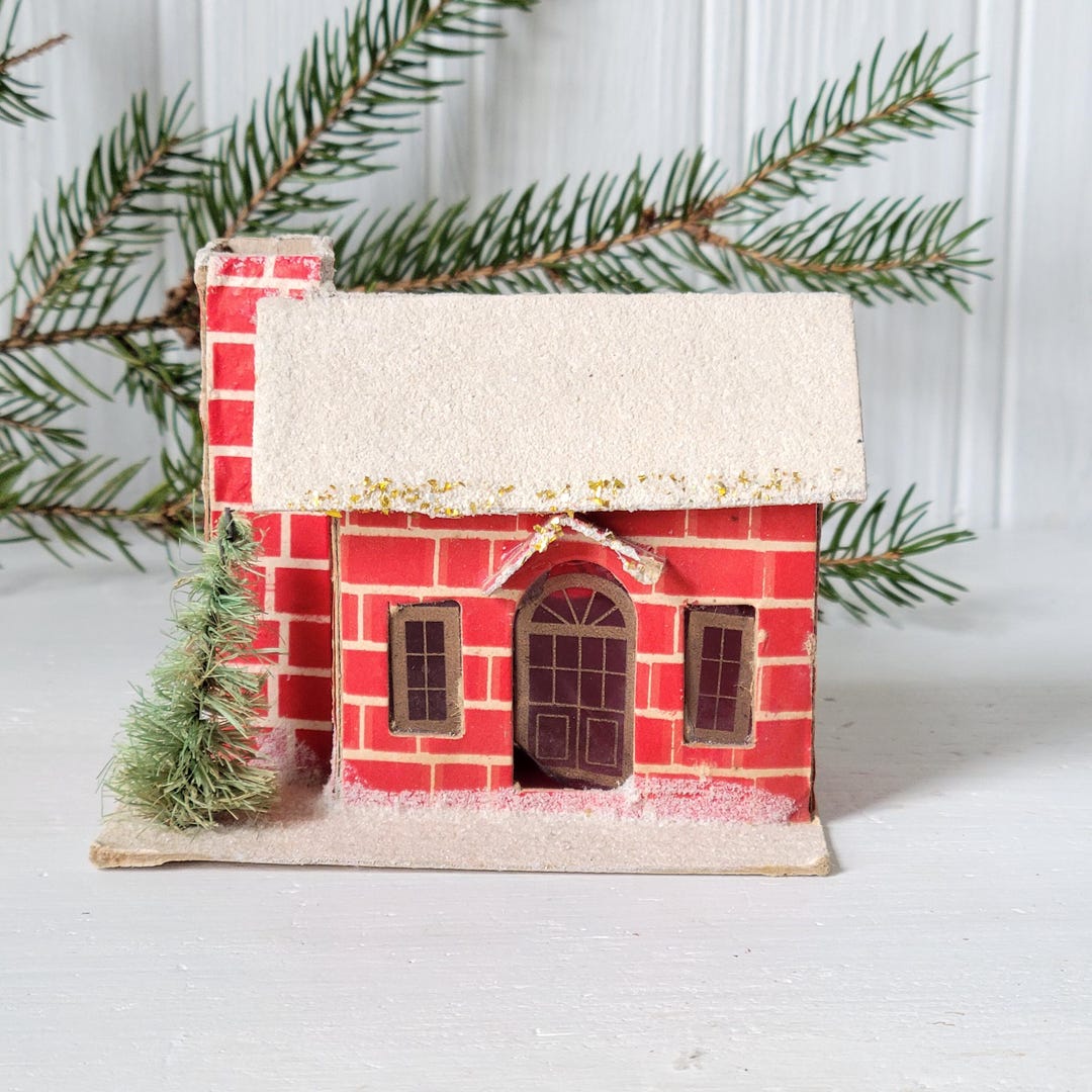 Vintage Red Brick Putz Cardboard Christmas House W/ Bottle Brush Tree ...