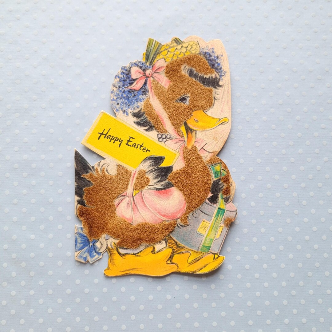 Vintage 1946 Flocked Duck W/ Hat Box Easter Greeting Card Hallmark - Etsy