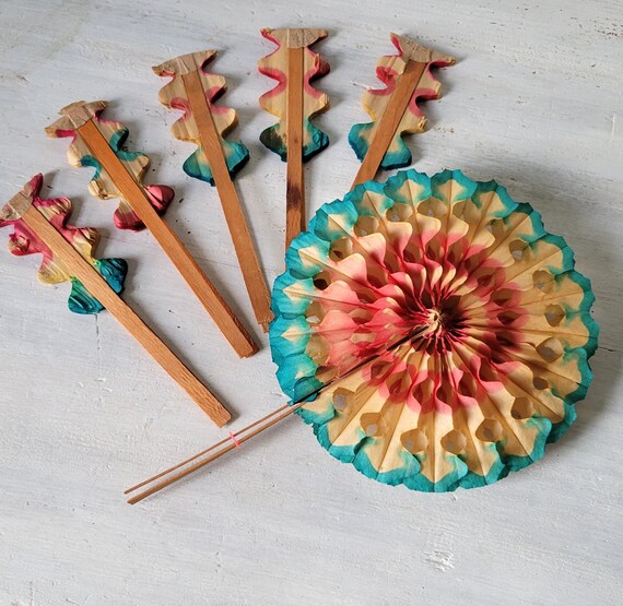 6 Vintage Colorful Paper Folding Hand Fans Party Deco… - Gem