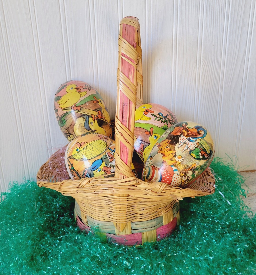 Vintage Easter Basket & 3 Paper Mache Easter Eggs Ducks Chicks See-saw ...