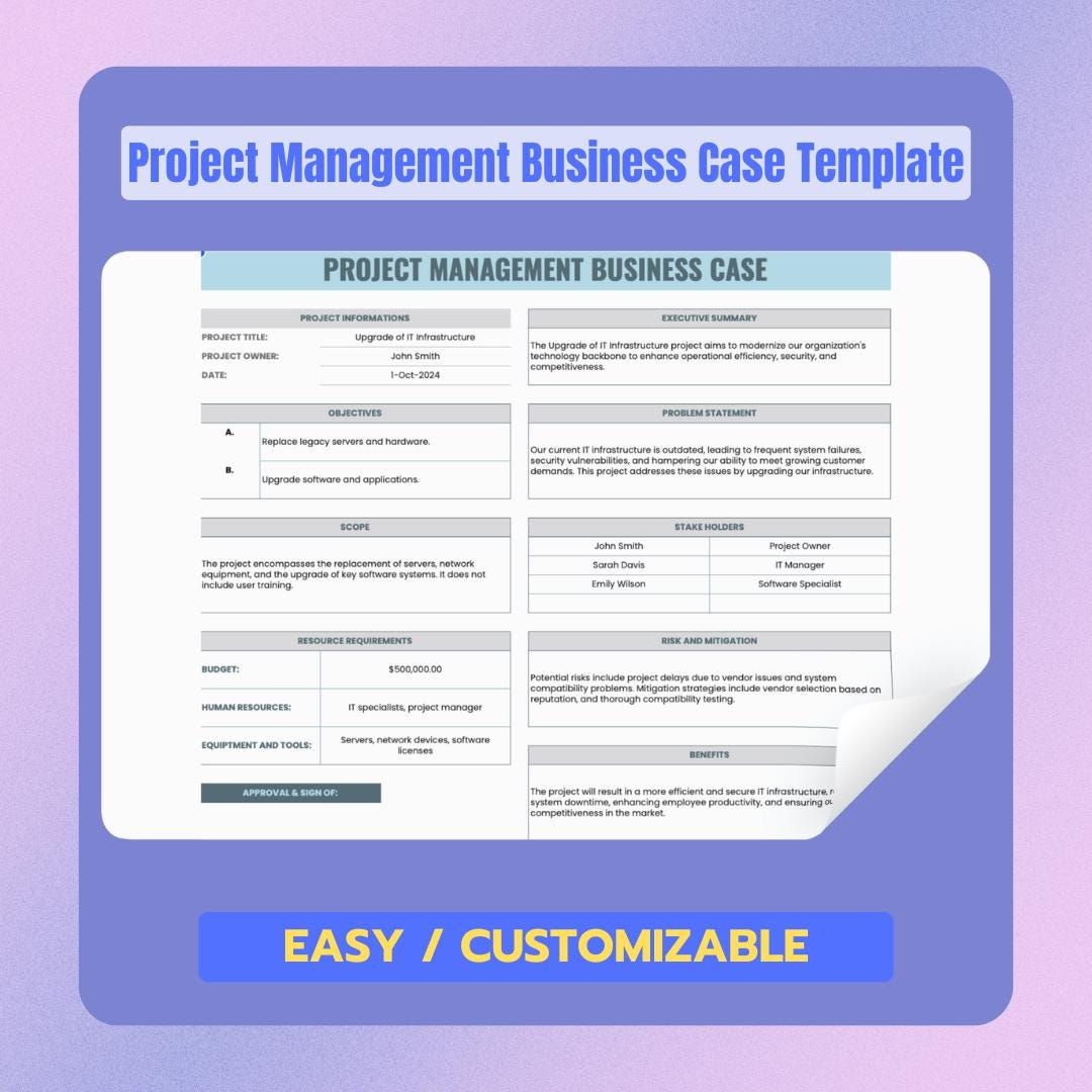 Project Management Business Case Template, Editable Google Sheets ...