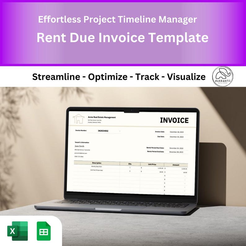 Editable Rent Due Invoice Template Easy to Use Google Sheets Digital ...