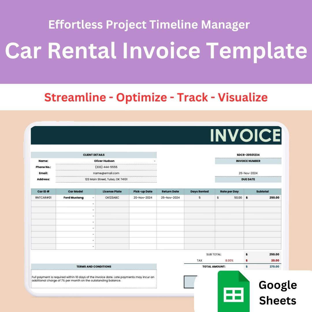 Car Rental Invoice Template | Editable & Easy to Use | Digital Download ...