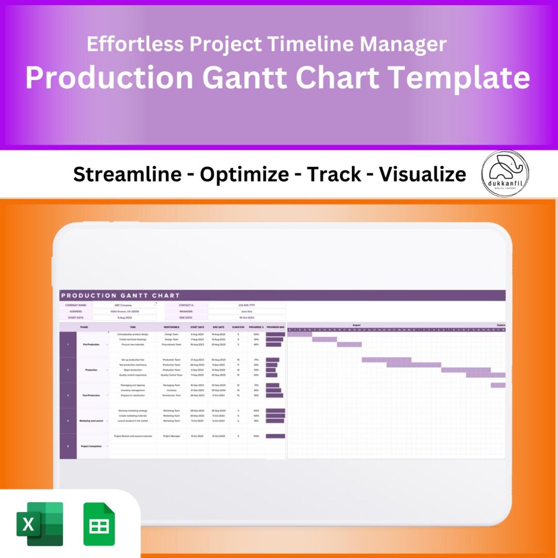 Editable Production Gantt Chart Template Easy to Use Google Sheets ...