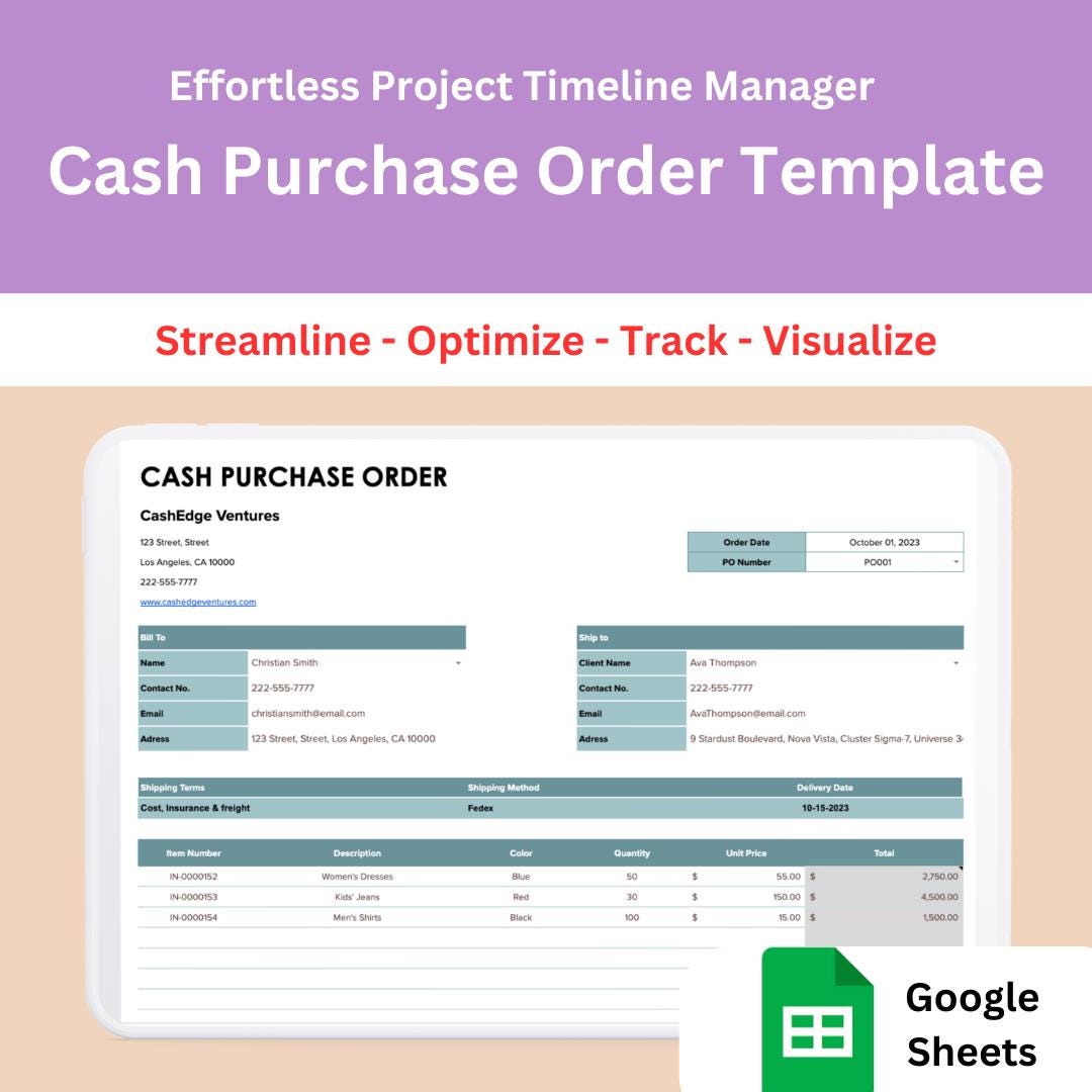 Editable Cash Purchase Order Template Easy Digital Download for ...