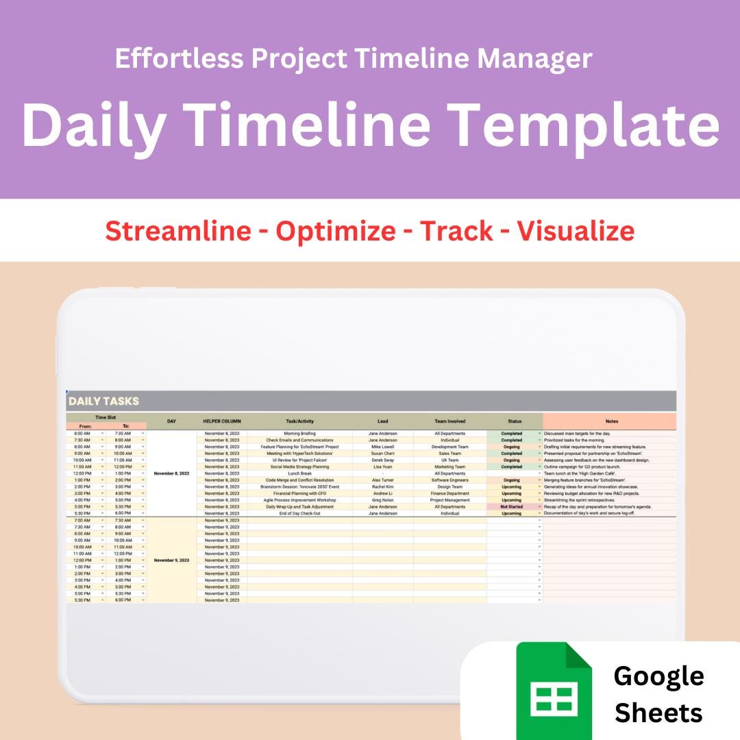 Daily Timeline Template, Editable Google Sheets, Digital Download, Easy ...