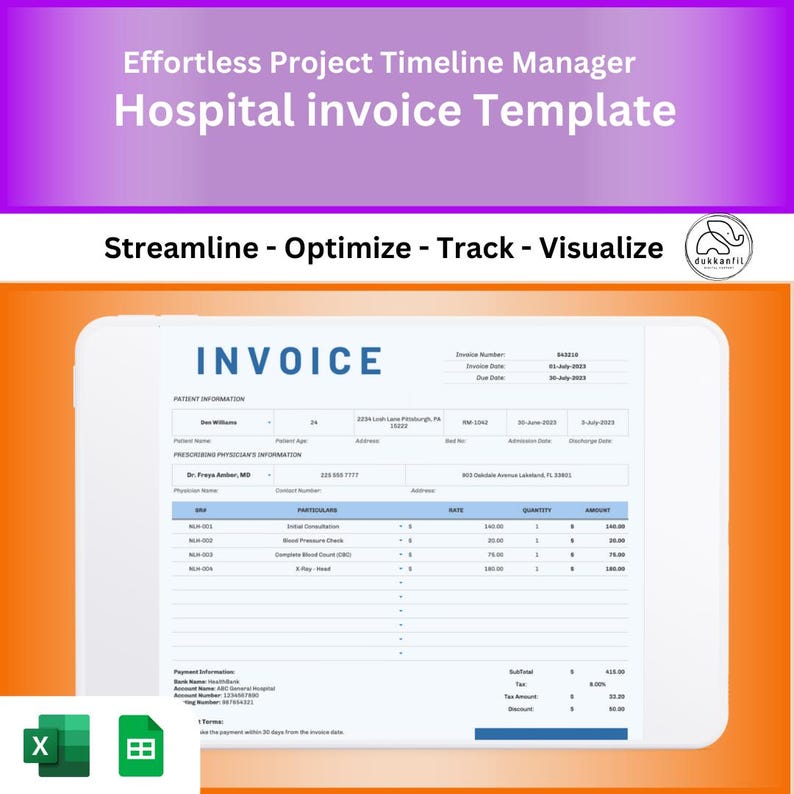 Editable Hospital Invoice Template Easy to Use Google Sheets Digital ...
