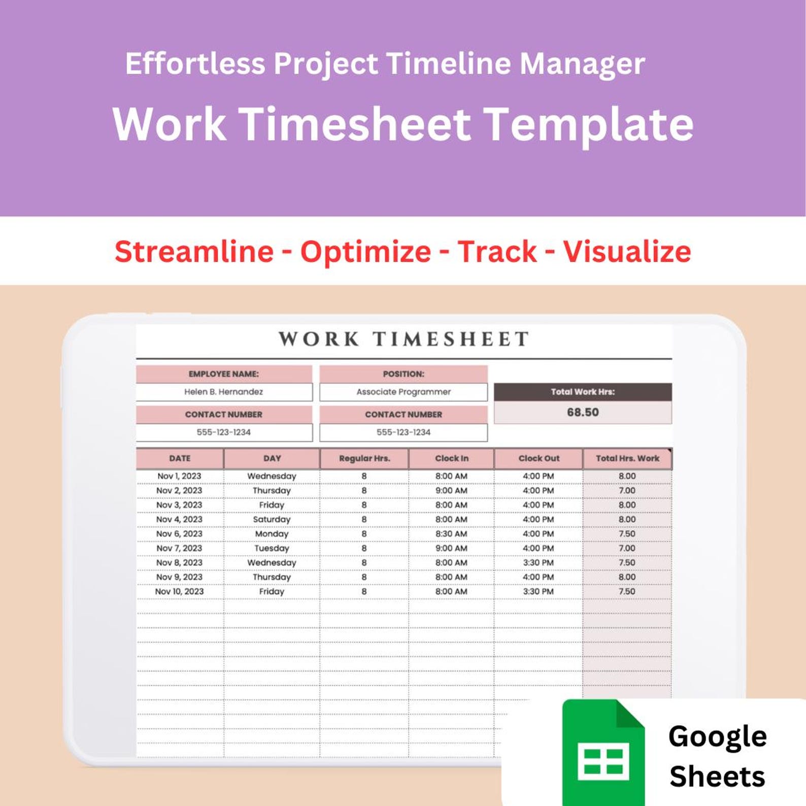 Work Timesheet Template Editable & Easy to Use Digital Download - Etsy