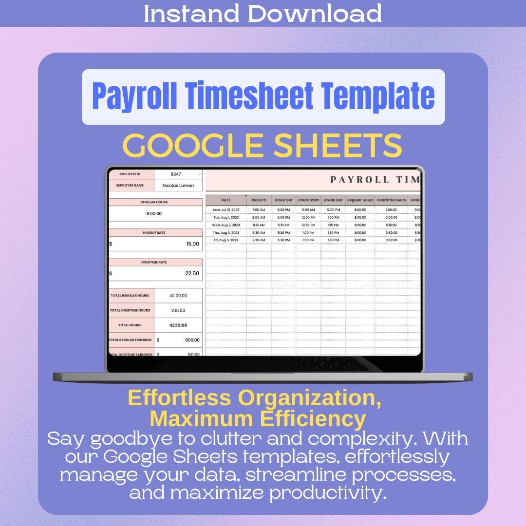 Payroll Timesheet Template, Editable Google Sheets, Digital Download ...