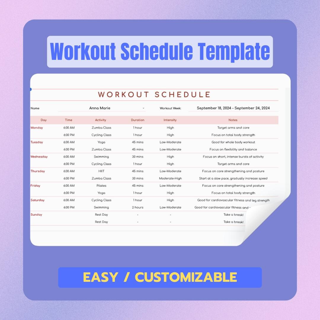 Workout Schedule Template, Editable Google Sheets, Digital Download ...