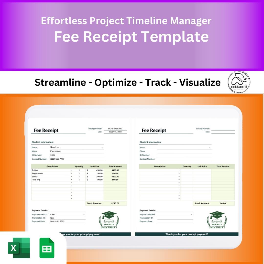 Editable Fee Receipt Template Easy to Use Google Sheets Digital ...