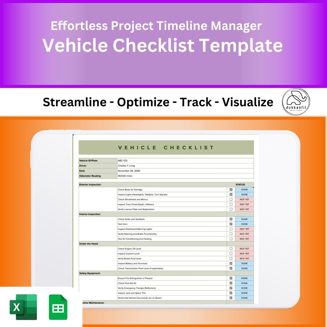 Editable Vehicle Checklist Template Easy to Use Google Sheets Digital ...