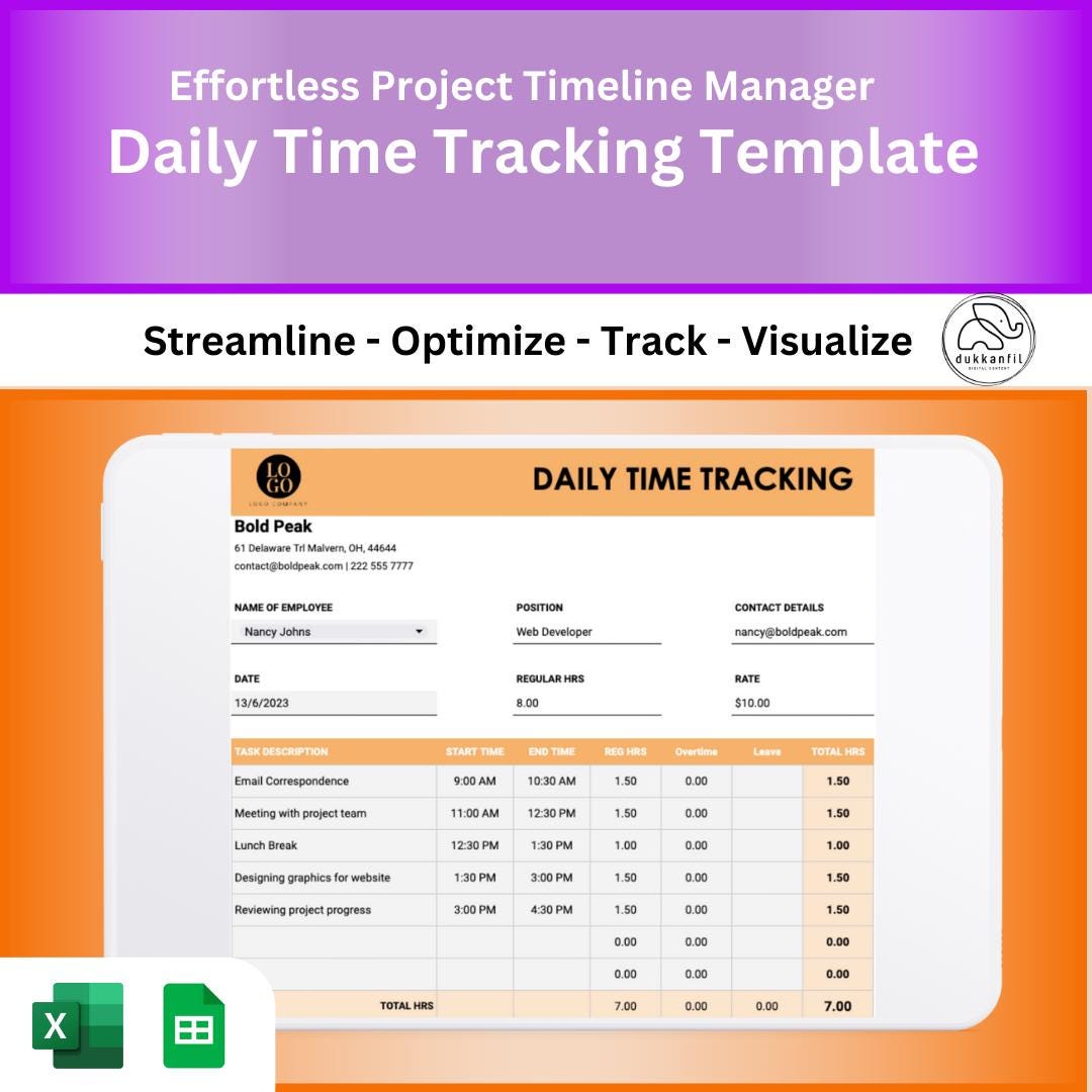 Editable Daily Time Tracking Template Easy to Use Google Sheets Digital ...