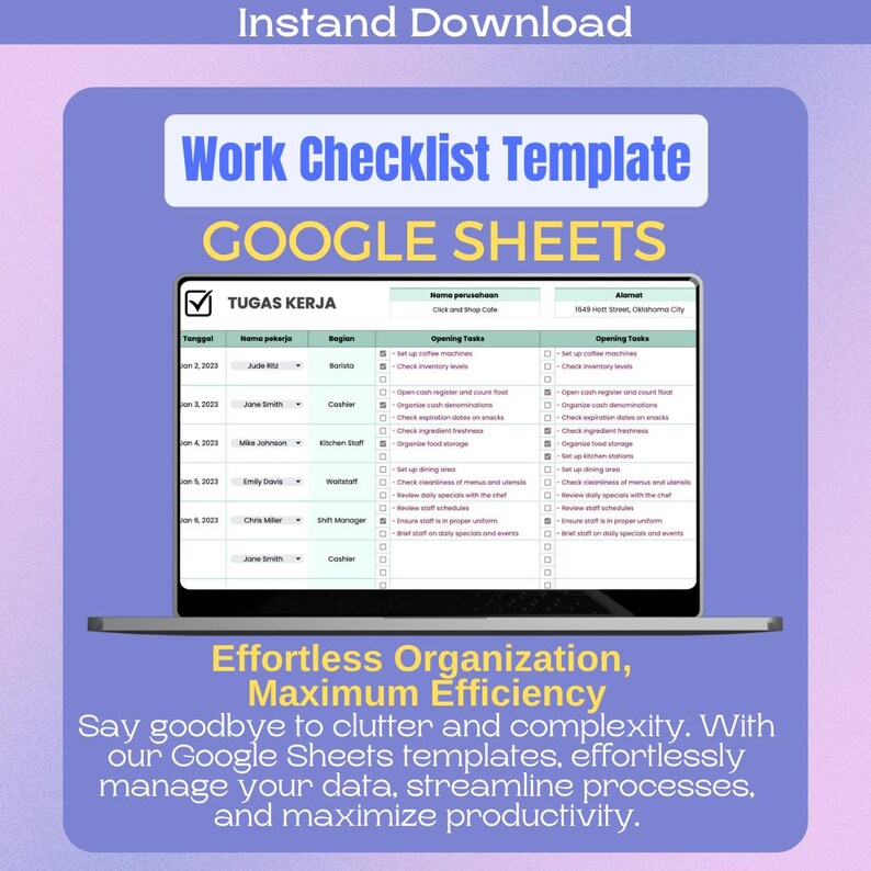 Work Checklist Template, Editable Google Sheets, Digital Download, Easy ...
