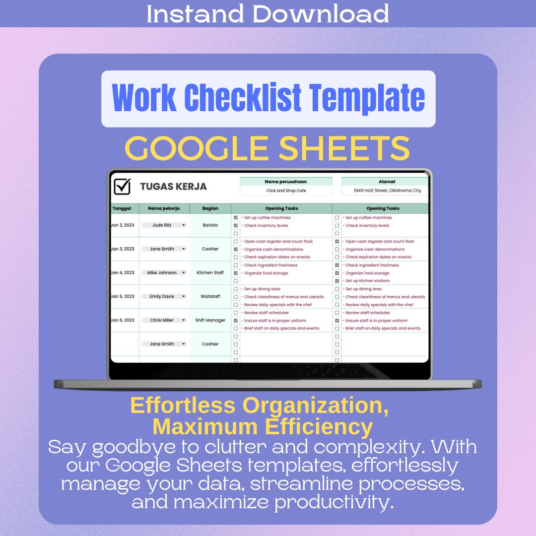 Work Checklist Template, Editable Google Sheets, Digital Download, Easy ...
