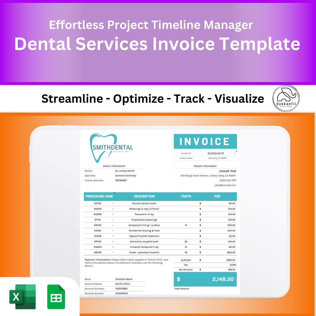 Editable Dental Services Invoice Template | Easy to Use Google Sheets ...