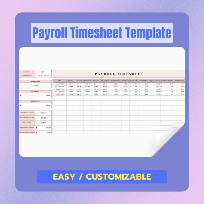 Payroll Timesheet Template, Editable Google Sheets, Digital Download ...