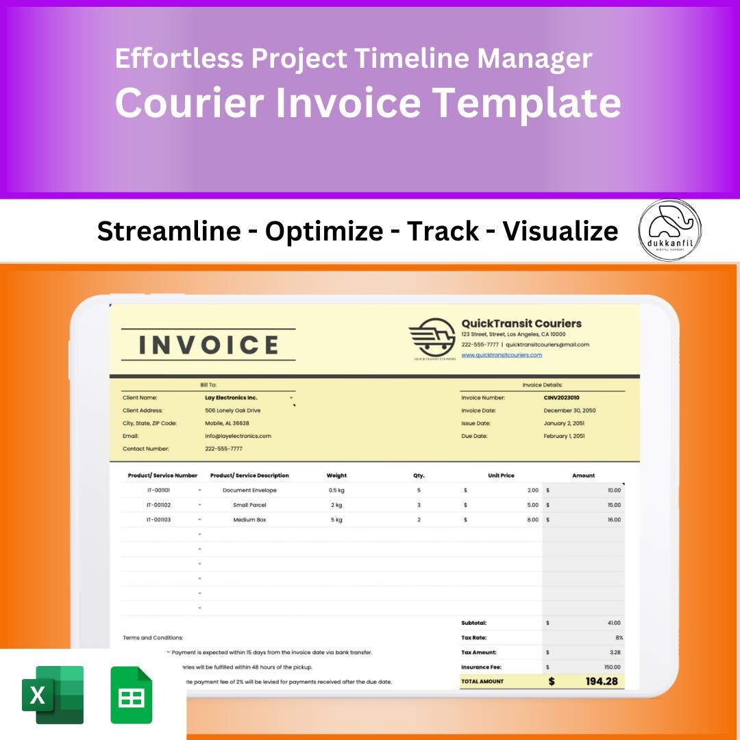 Editable Courier Invoice Template Easy to Use Google Sheets Digital ...