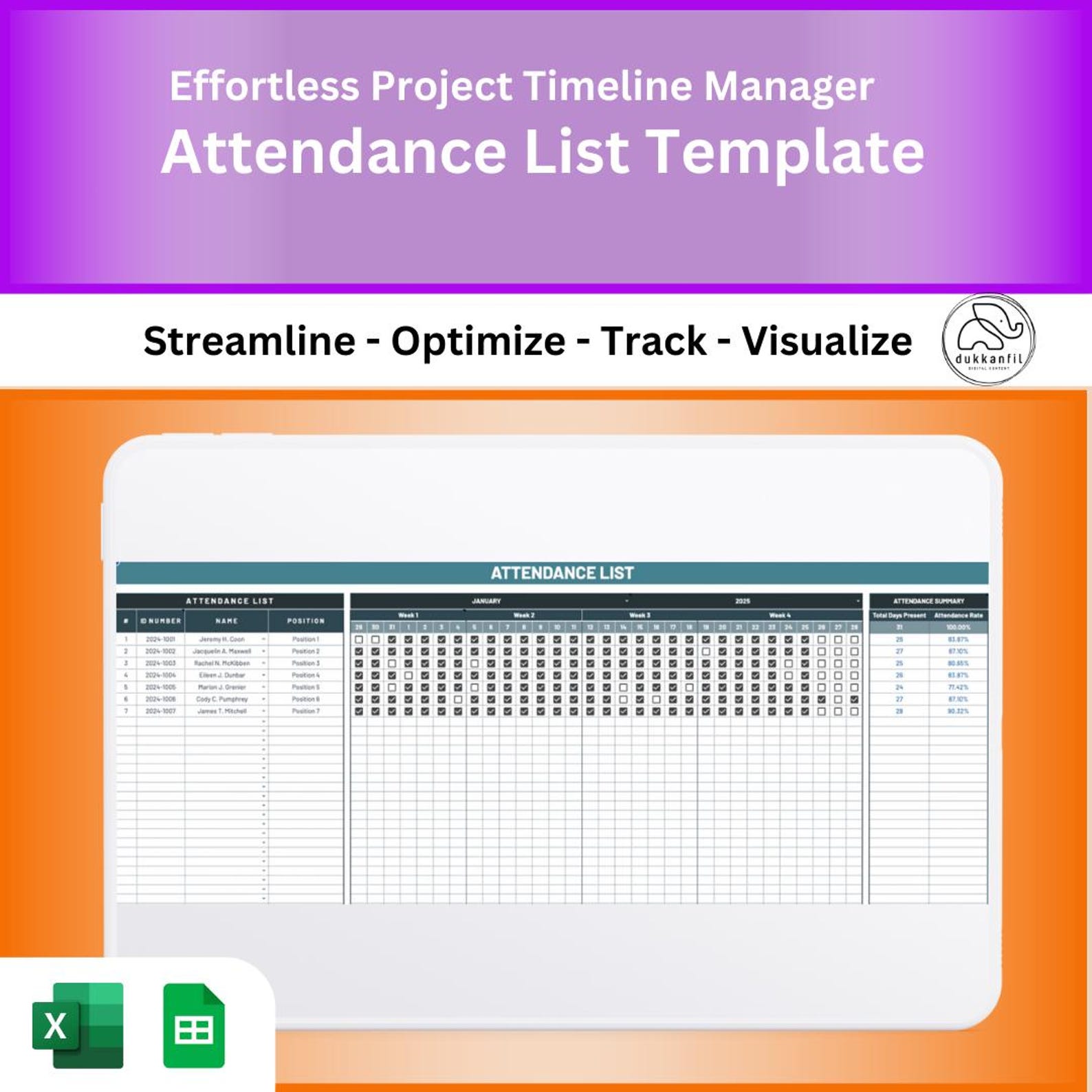 Editable Attendance List Template Easy to Use Google Sheets Digital ...