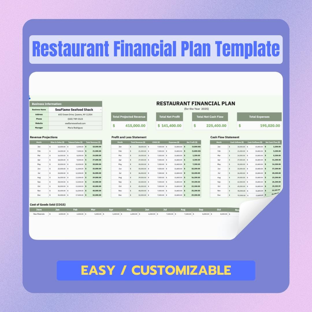 Restaurant Financial Plan Template, Editable Google Sheets, Digital ...