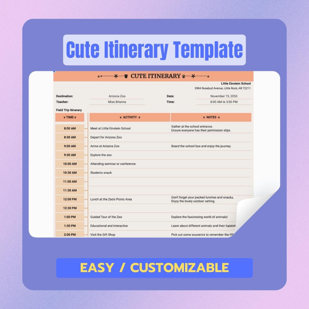 Cute Itinerary Template, Editable Google Sheets, Digital Download, Fun ...