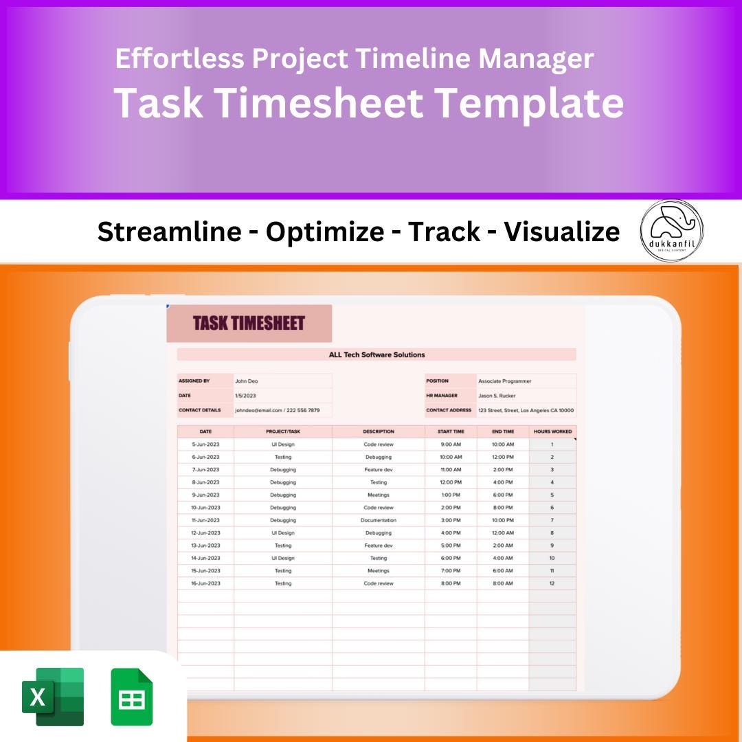 Editable Task Timesheet Template Easy to Use Google Sheets Digital ...
