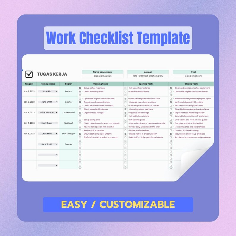 Work Checklist Template, Editable Google Sheets, Digital Download, Easy ...