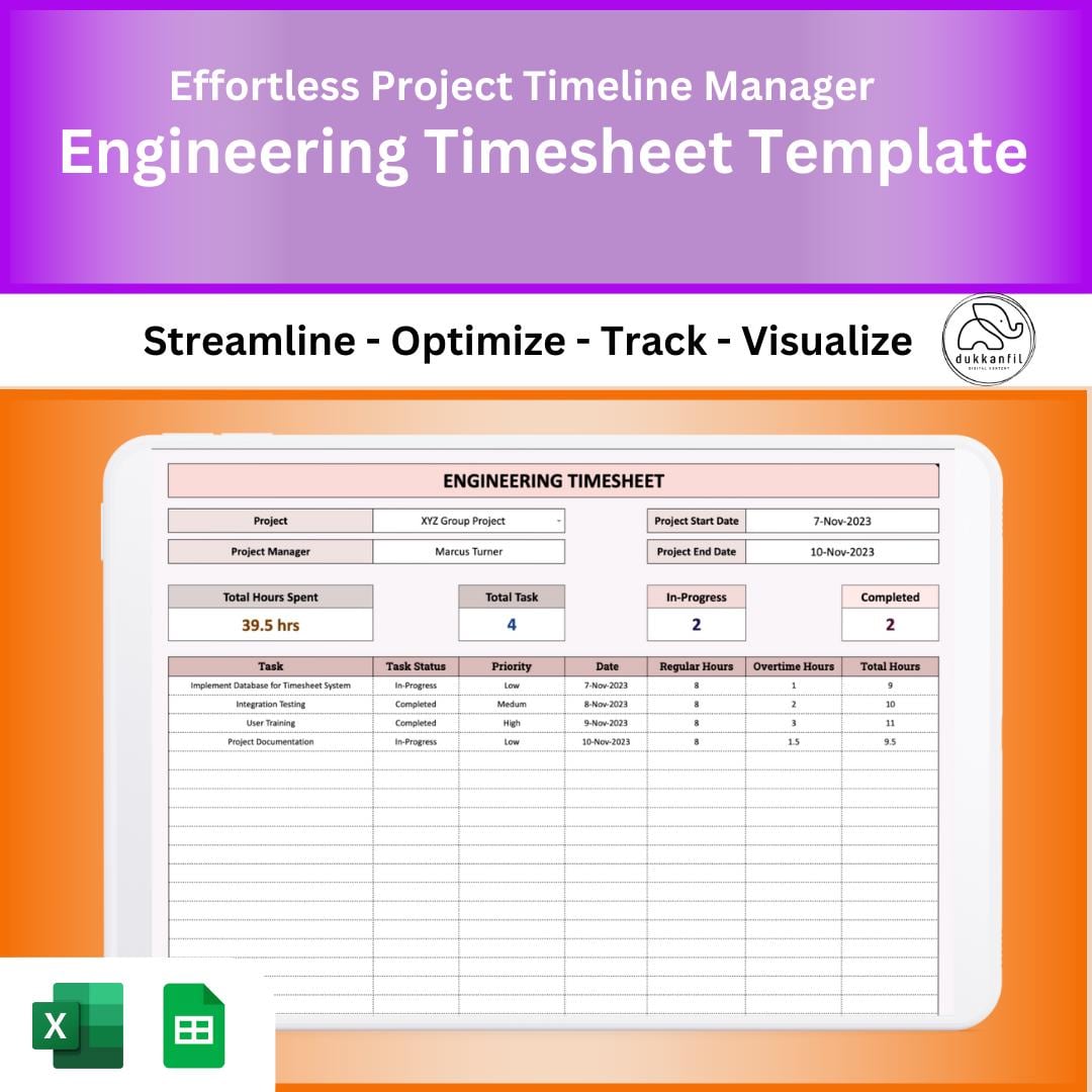 Editable Engineering Timesheet Template Easy to Use Google Sheets Digital Download for Engineers ...