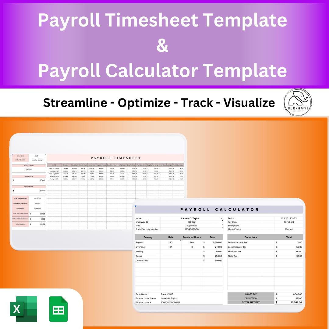 Payroll Timesheet & Calculator Template Pack Easy to Use Digital ...