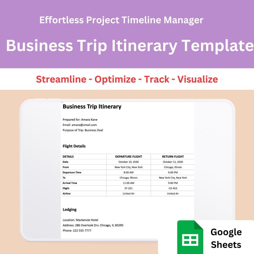 Business Trip Itinerary Template Editable & Easy to Use Digital ...