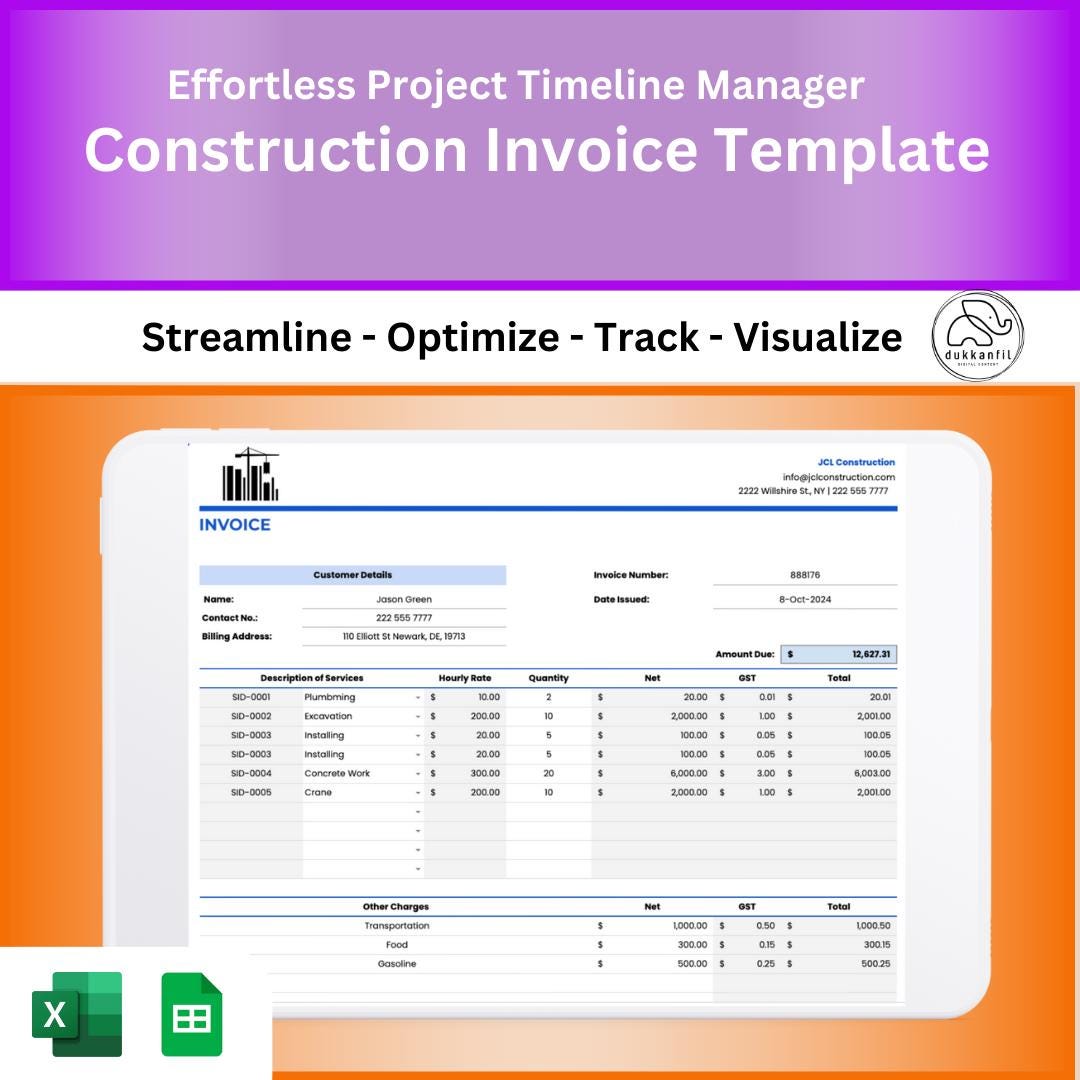 Editable Construction Invoice Template Easy to Use Google Sheets ...