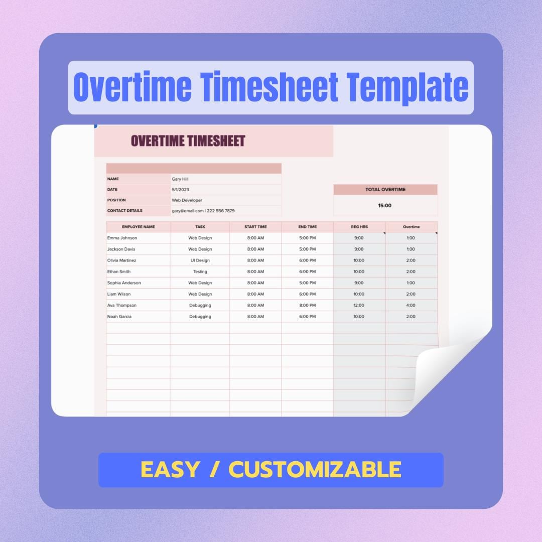 Overtime Timesheet Template, Editable Google Sheets, Digital Download ...