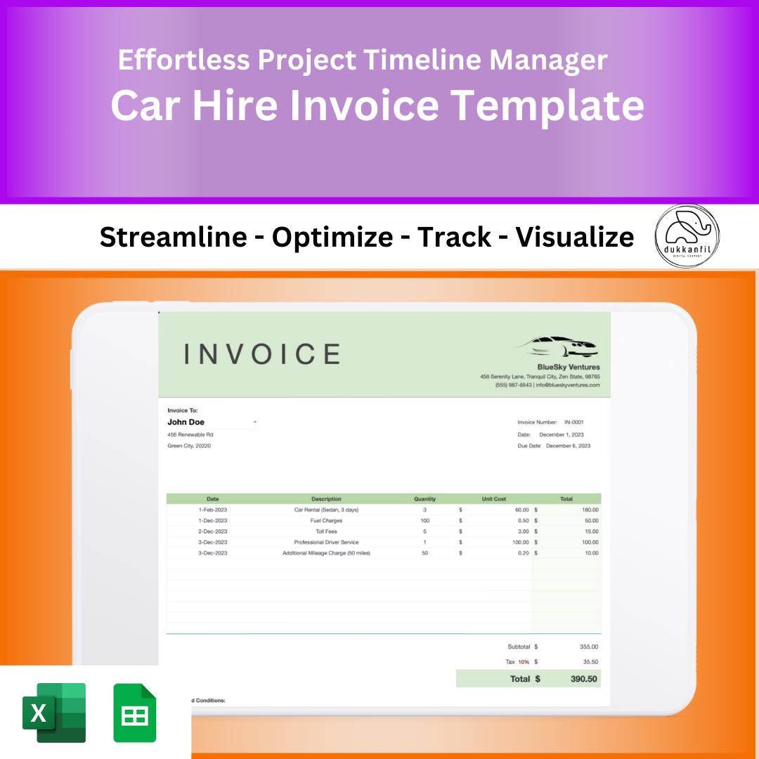 Editable Car Hire Invoice Template Easy to Use Google Sheets Digital ...