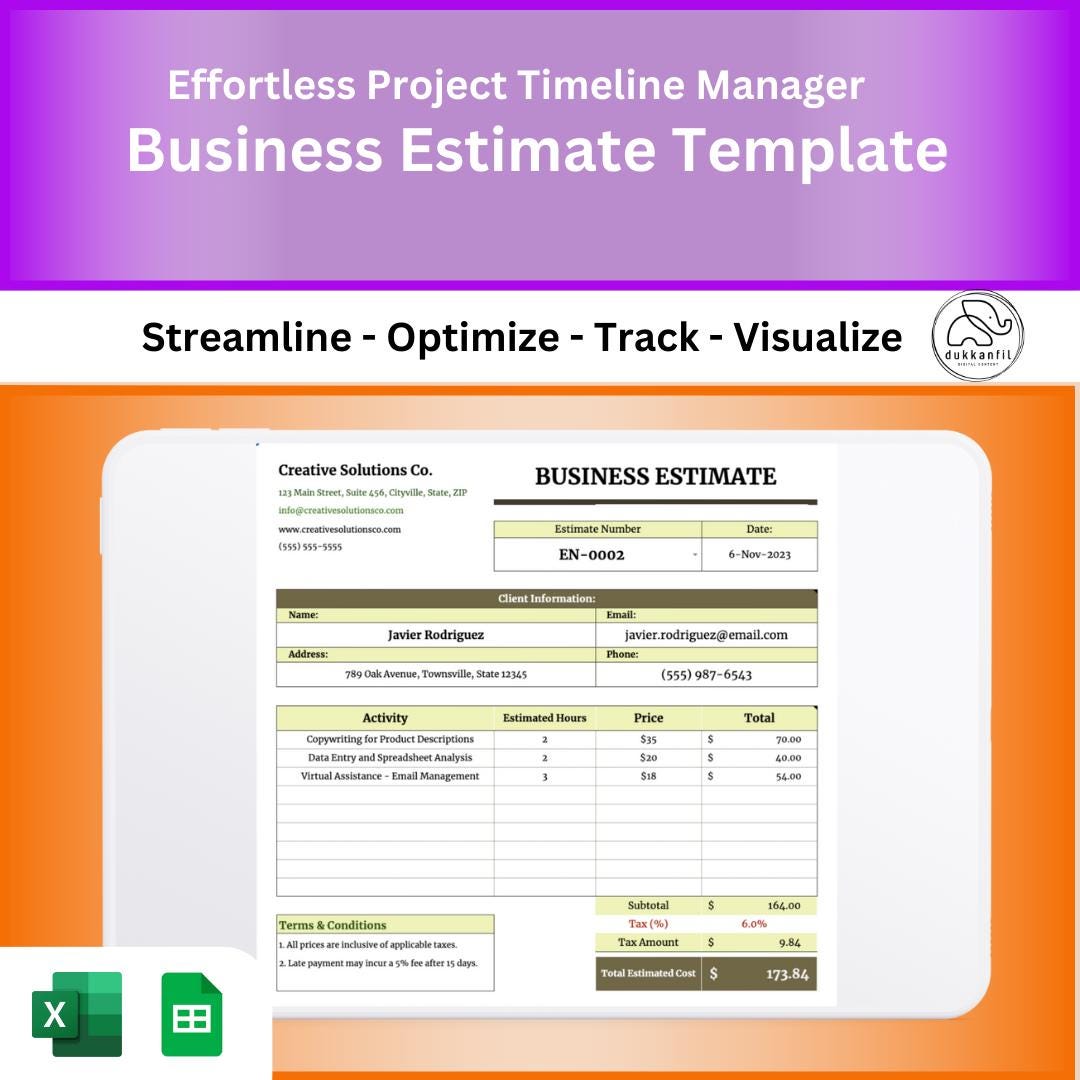 Editable Business Estimate Template Easy to Use Google Sheets Digital ...