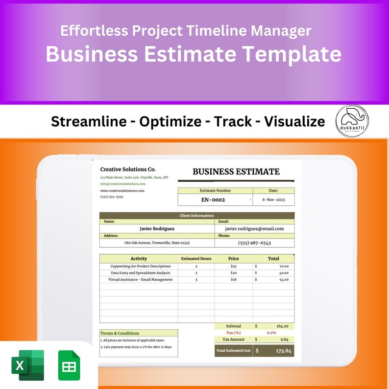 Editable Business Estimate Template Easy to Use Google Sheets Digital ...