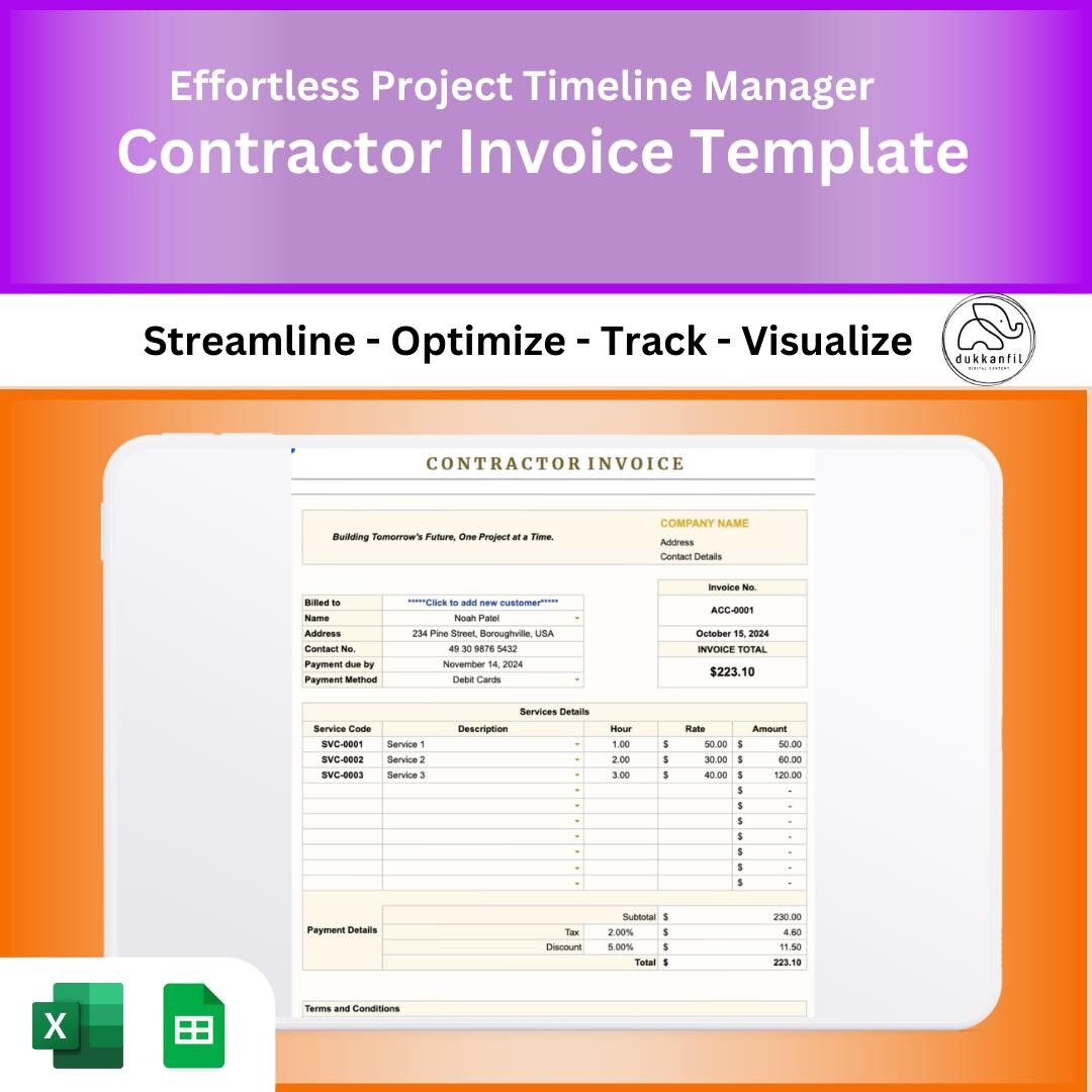 Editable Contractor Invoice Template | Easy to Use Google Sheets ...