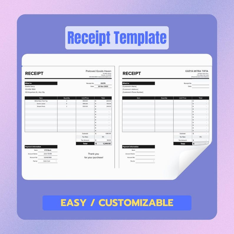 Receipt Template, Editable Google Sheets, Digital Download, Easy-to-use ...