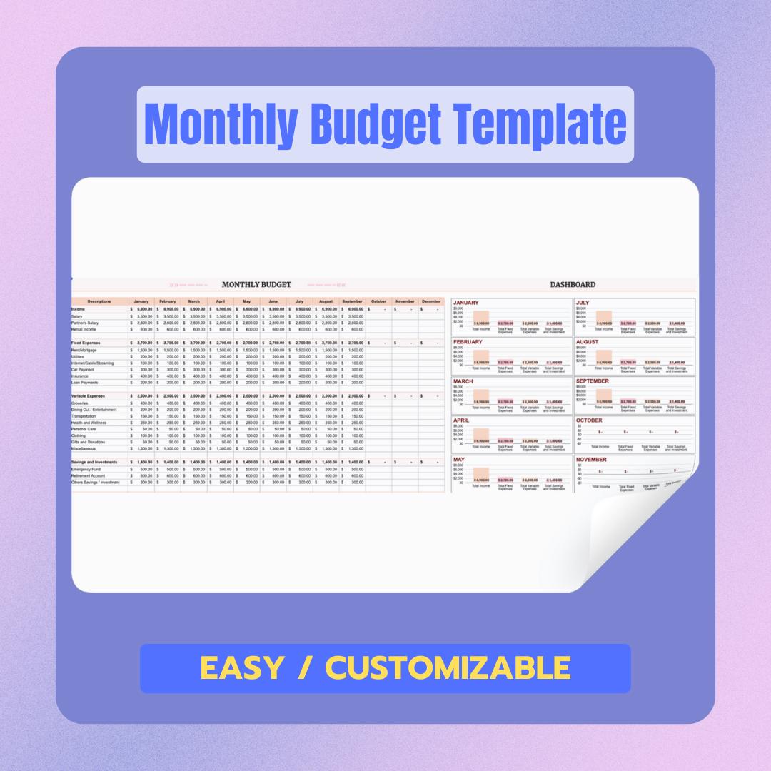 Monthly Budget Template, Editable Google Sheets, Digital Download, Easy ...