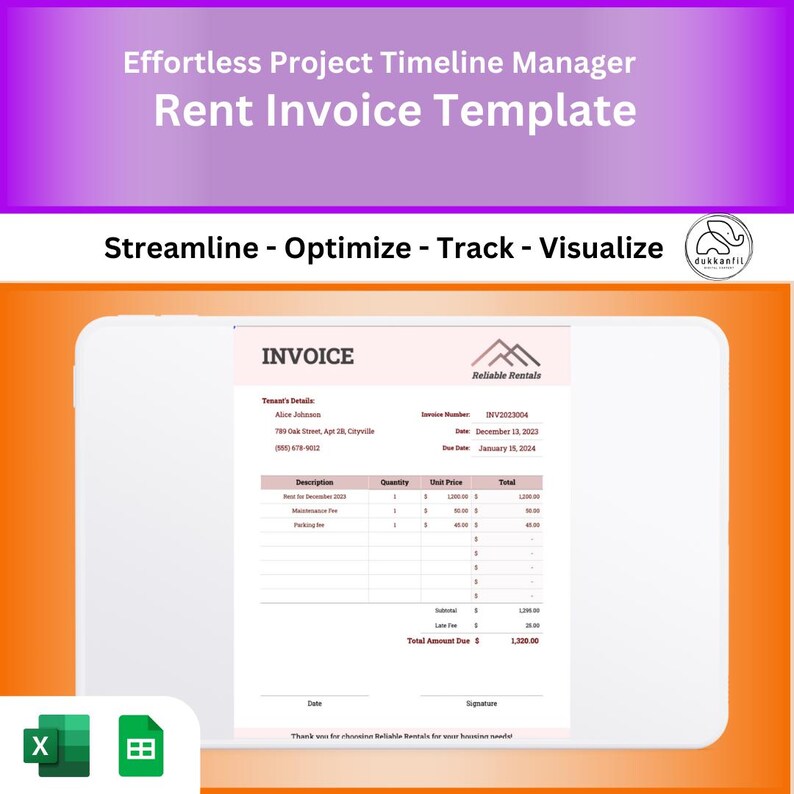 Editable Rent Invoice Template Easy to Use Google Sheets Digital ...