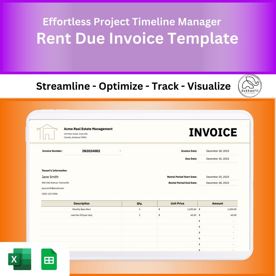 Editable Rent Due Invoice Template Easy to Use Google Sheets Digital ...