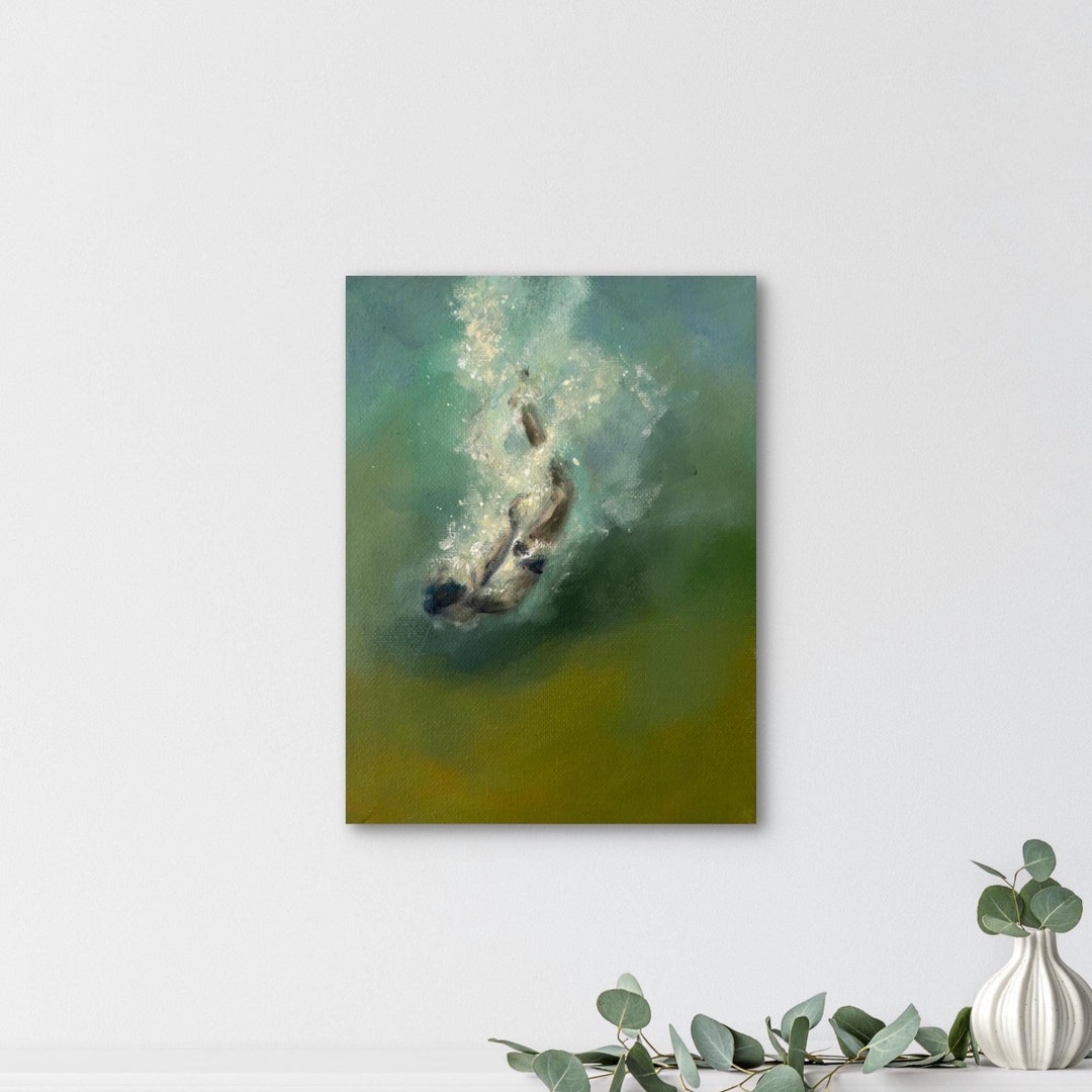 Woman Diving Into the Ocean. Swimming in a Green Sea - Original Oil ...