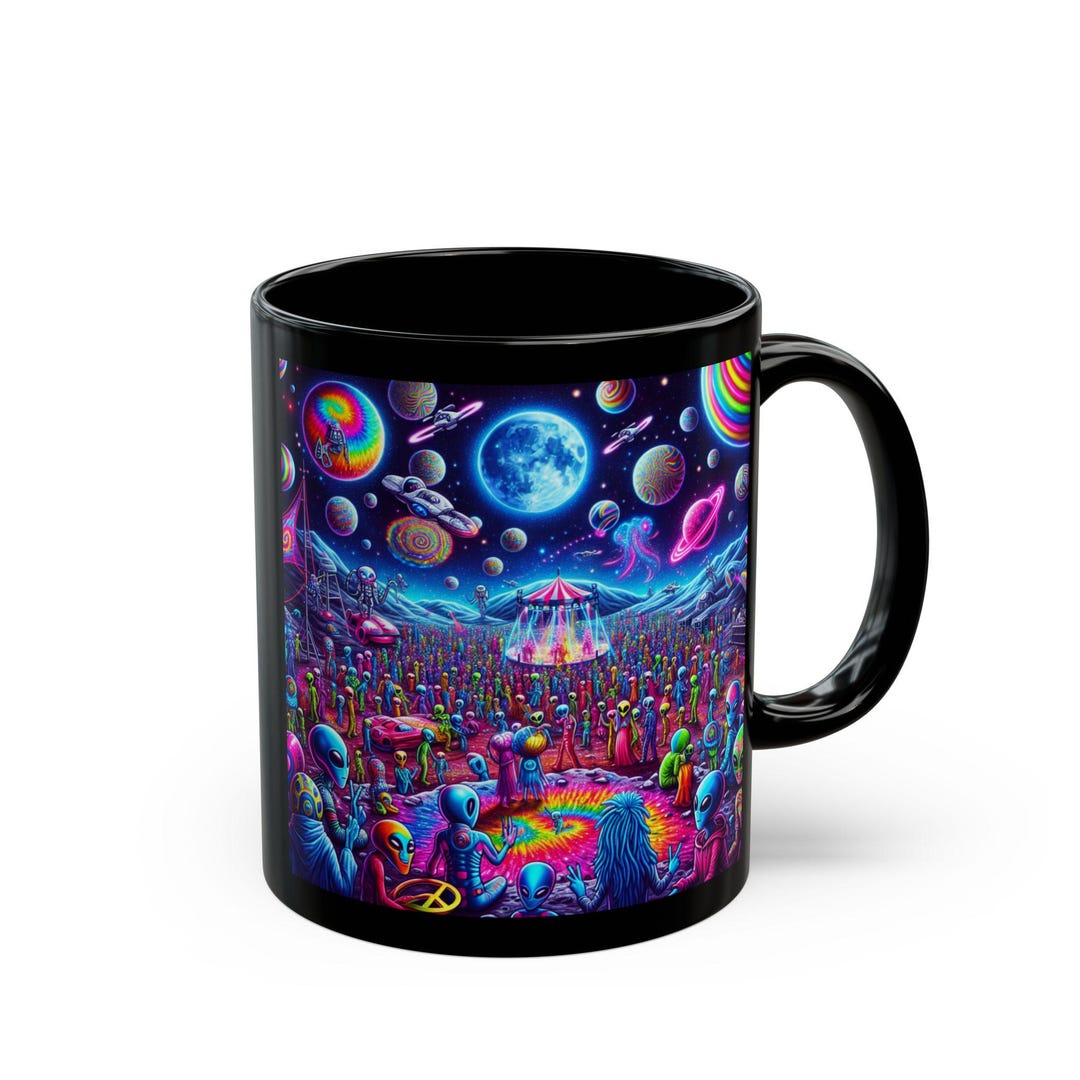 Alien Rave Festival Mug, Trippy Black Coffee Cup, 11oz 15oz Tea Mug ...