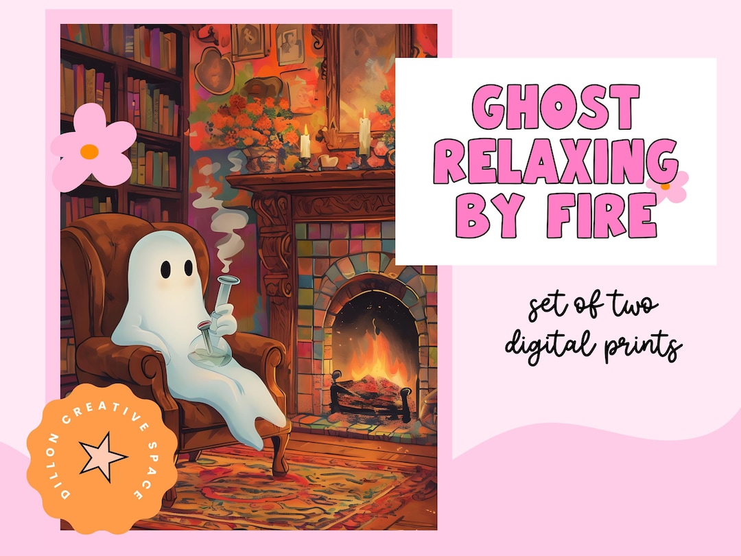 Halloween Ghost Relaxing by Fireplace in Fall, Set of 2 Digital Prints ...