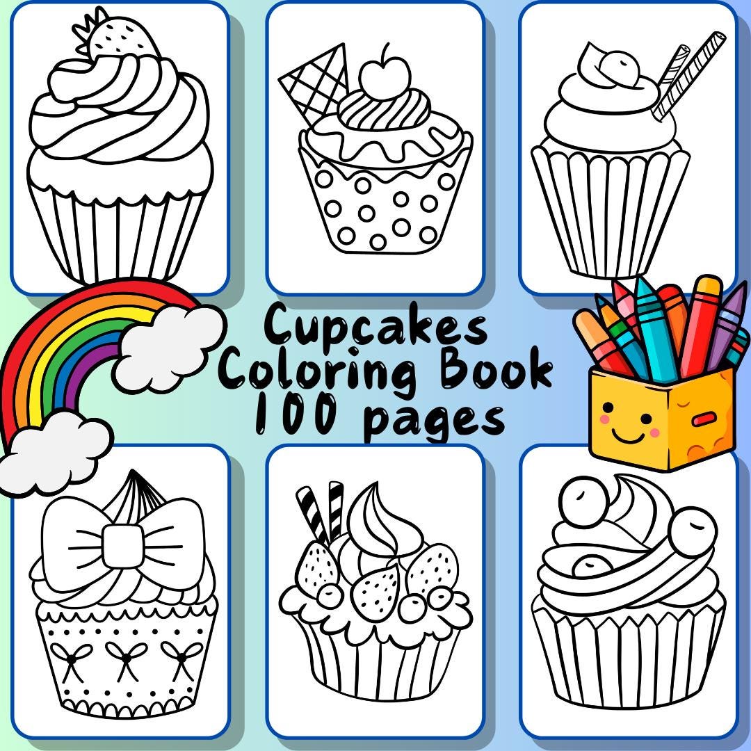 100 Pages Cute Cupcakes PDF Coloring Book - Adorable & Simple Designs ...