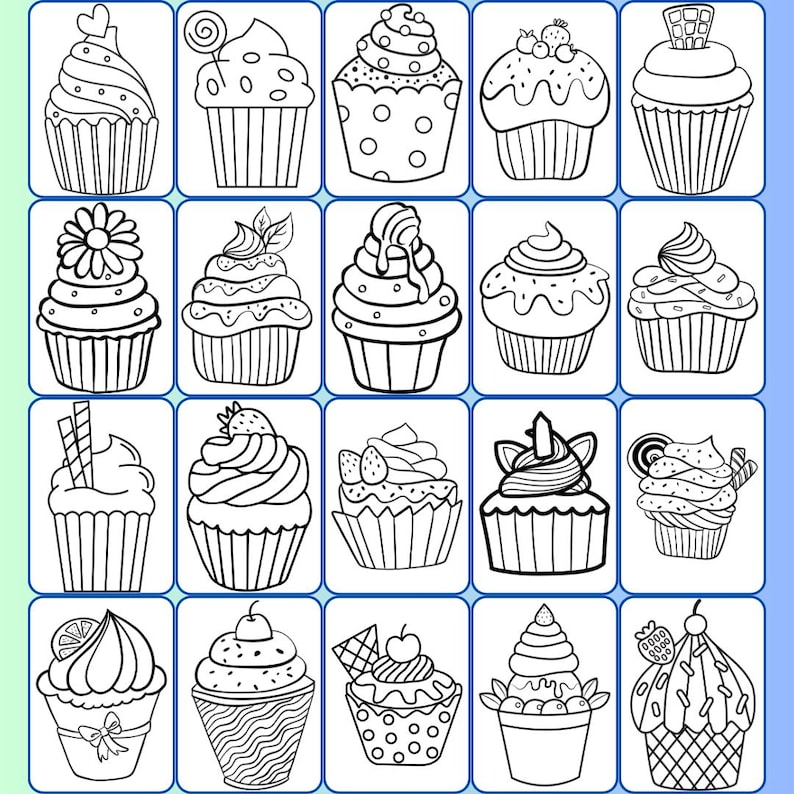 100 Pages Cute Cupcakes PDF Coloring Book Adorable & Simple Designs for ...